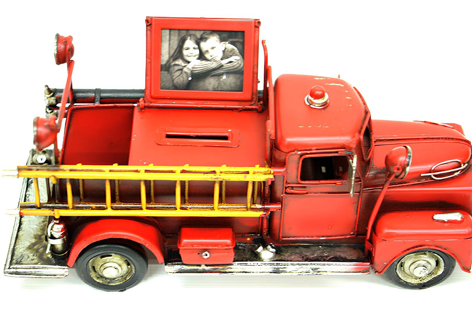 Handcrafted Vintage Fire Truck Piggy Bank With Metal Frame Charming 29cm Decor Piece, Ideal for ...