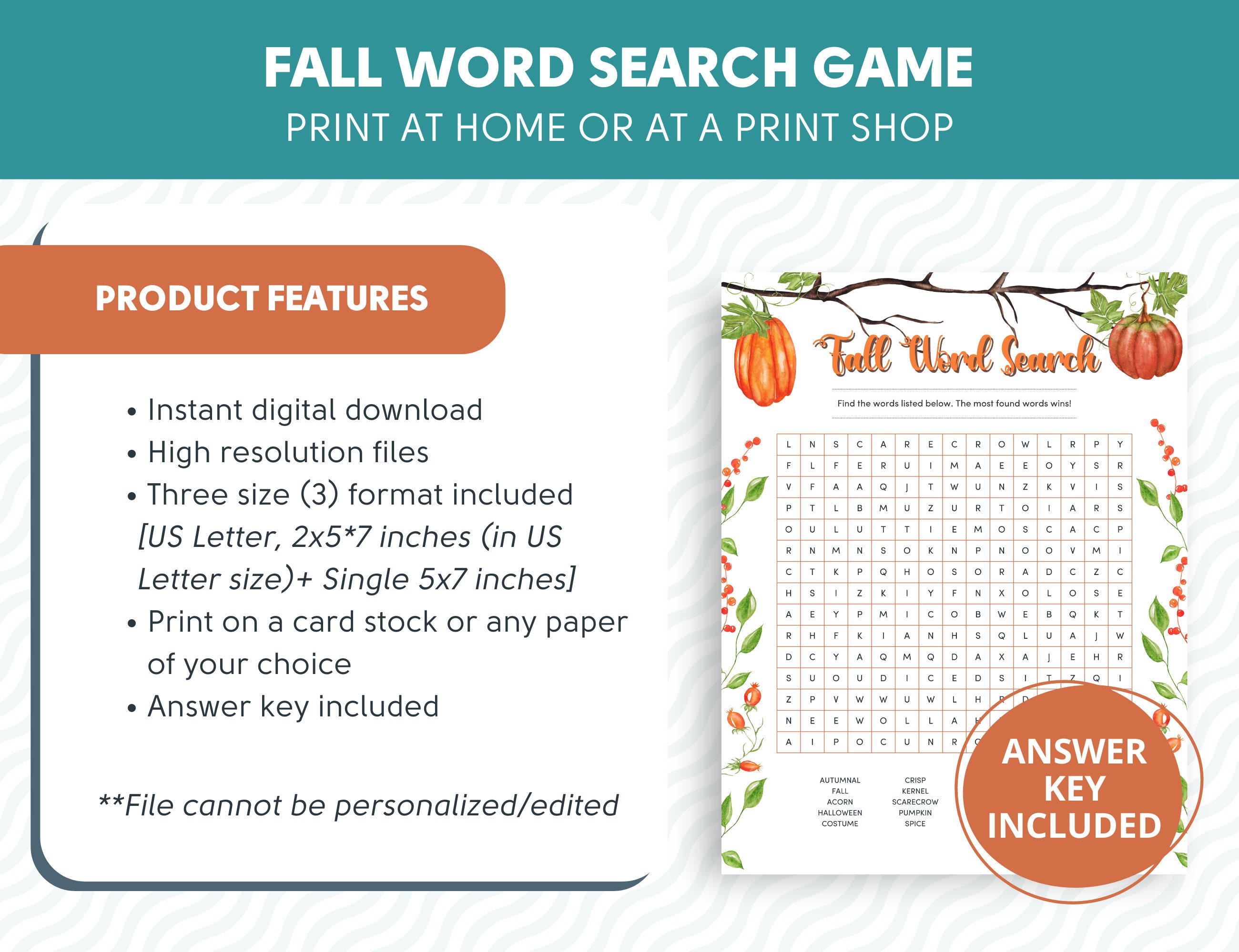 Fall Word Search Printable Game, Thanksgiving Games for Kids, Autumn ...