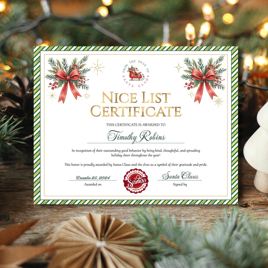 Editable Nice List Certificate, Printable Santa Official Nice List ...
