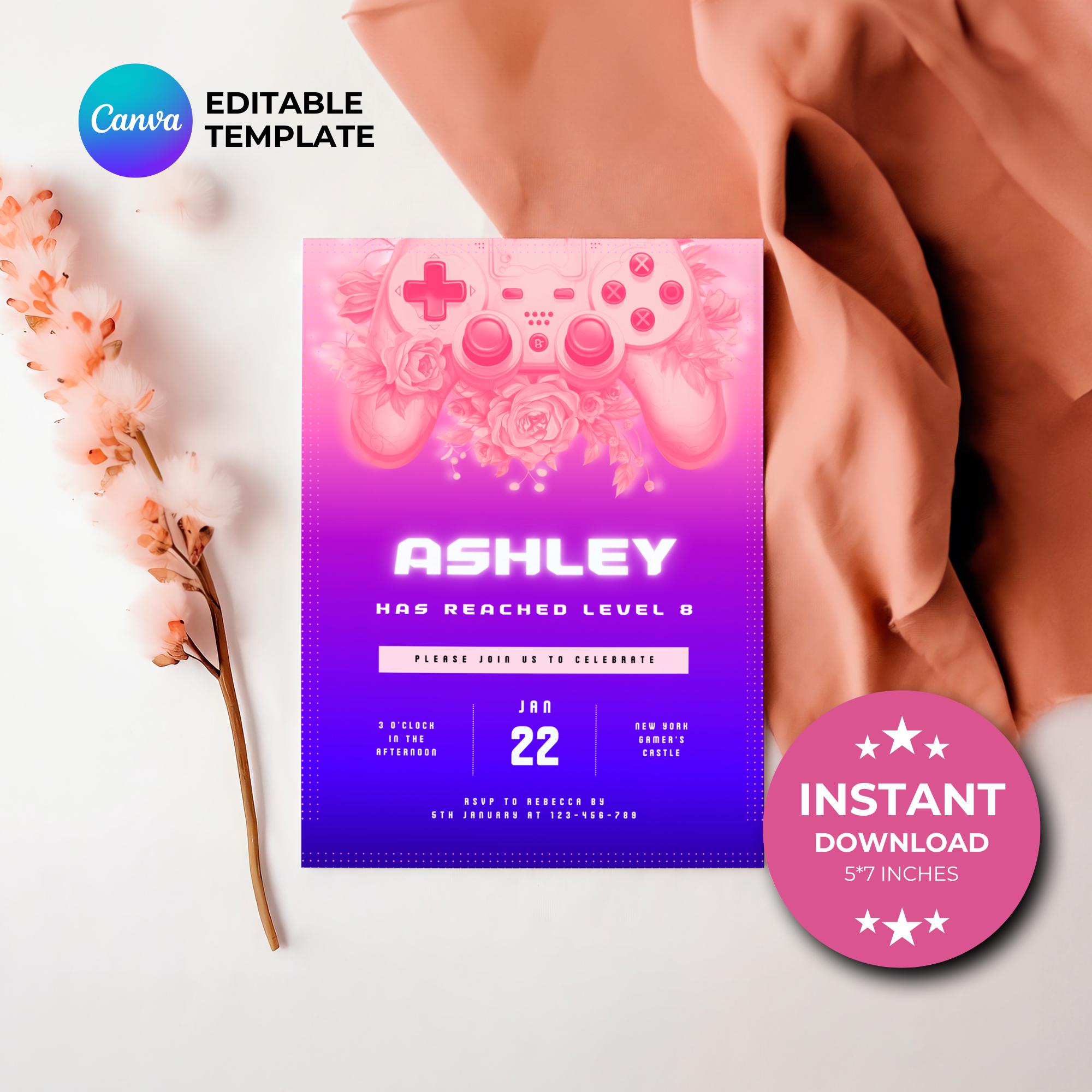 Editable Video Game Birthday Invitation, Girl Gamer Party Invite ...