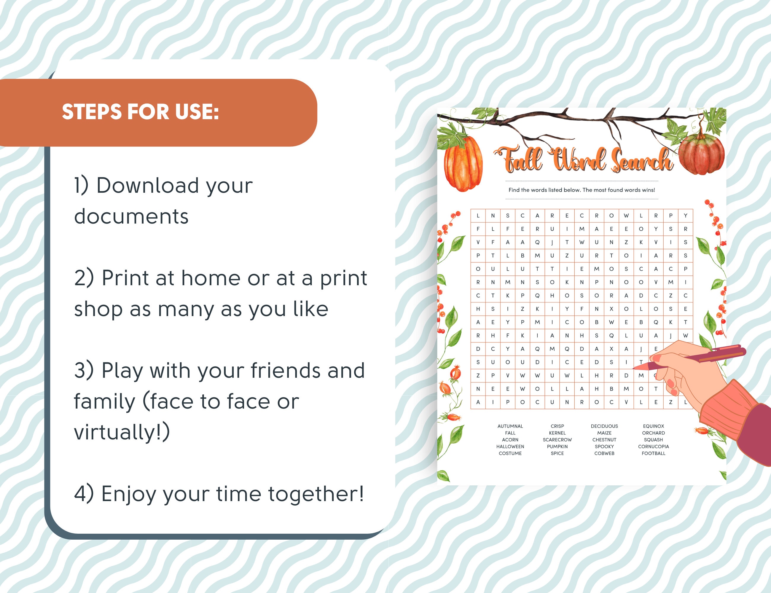 Fall Word Search Printable Game, Thanksgiving Games for Kids, Autumn ...