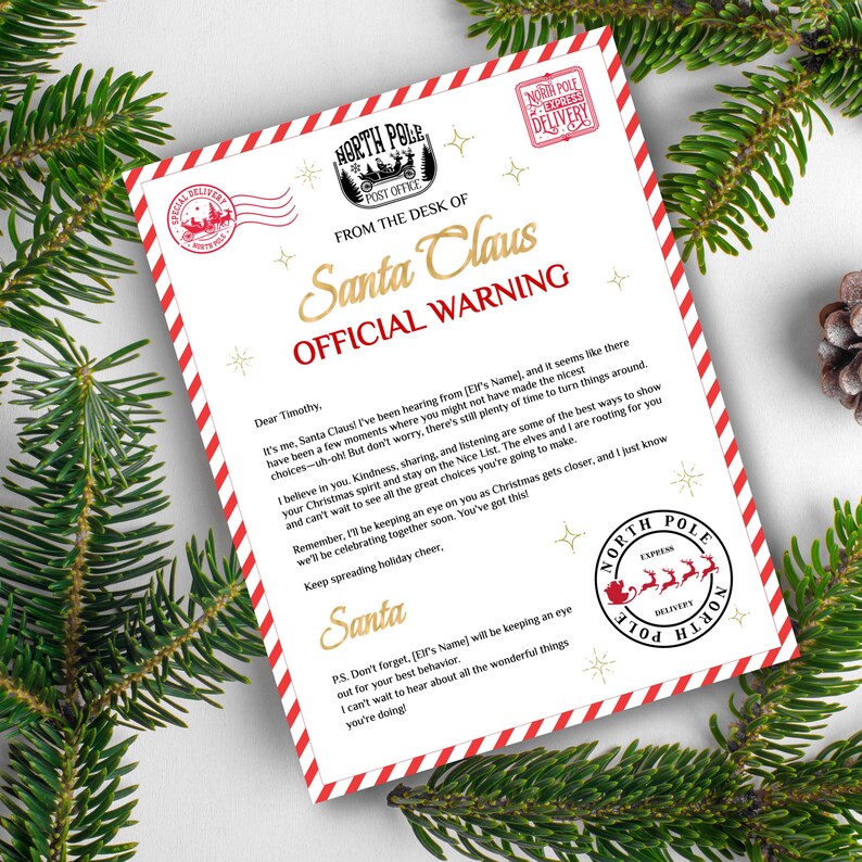 Editable Warning Letter From Santa Template, Personalized Bad Behavior ...