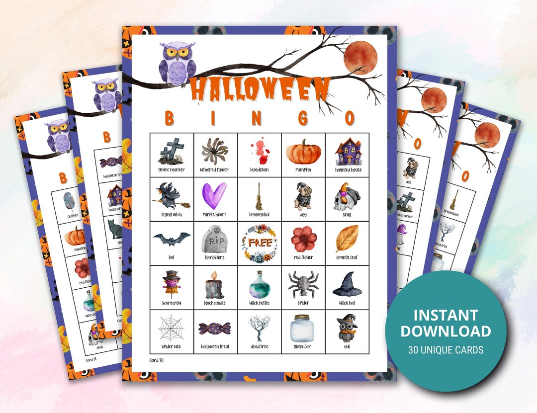 Halloween Picture Bingo Cards, 30 Unique Cards, Printable Halloween ...