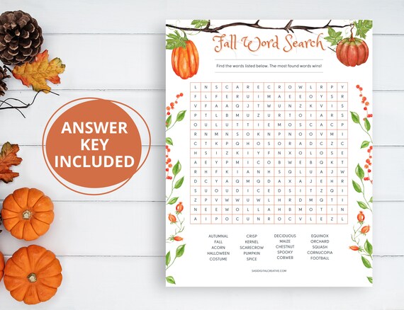 Fall Word Search Printable Game Thanksgiving Game for Kids - Etsy