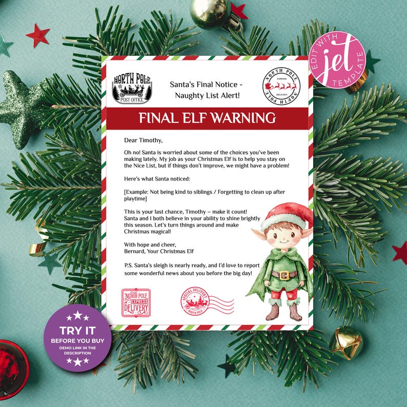 Editable Elf Warning Letter, Santa Surveillance Report, North Pole ...