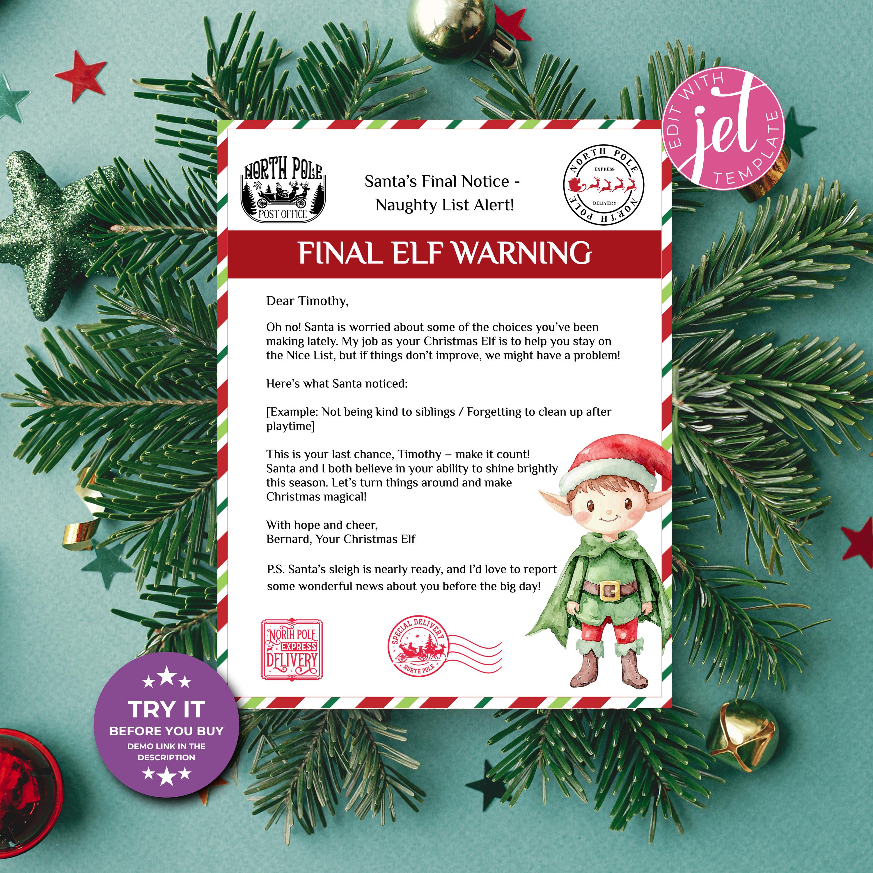 Editable Elf Warning Letter, Santa Surveillance Report, North Pole ...