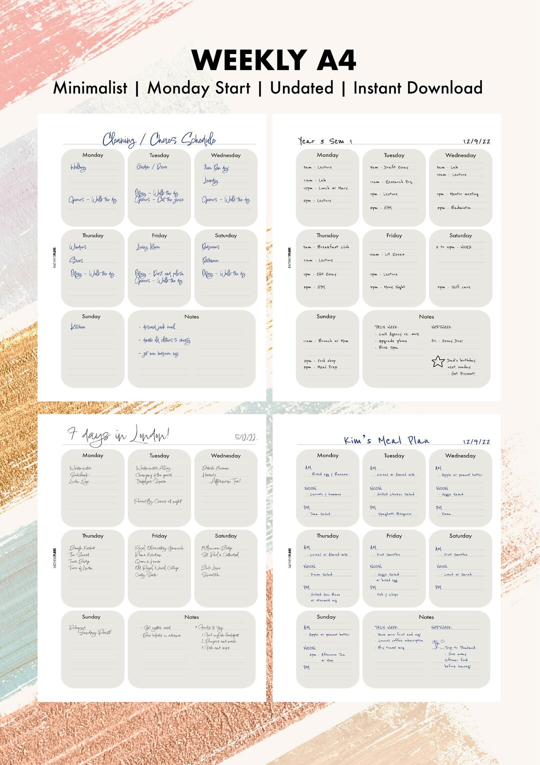 Week View Planner A4 Printable PDF Inserts Monday Start 2 Versions ...