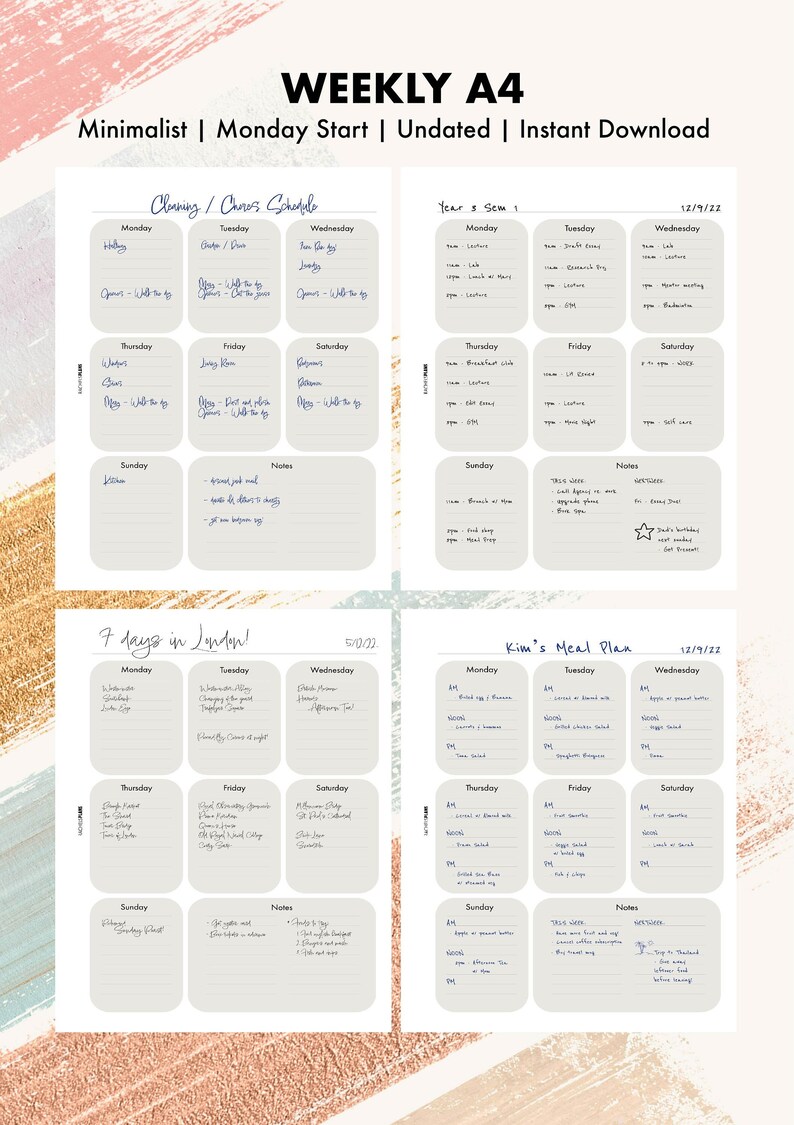 Week View Planner A4 Printable PDF Inserts Monday Start 2 Versions ...