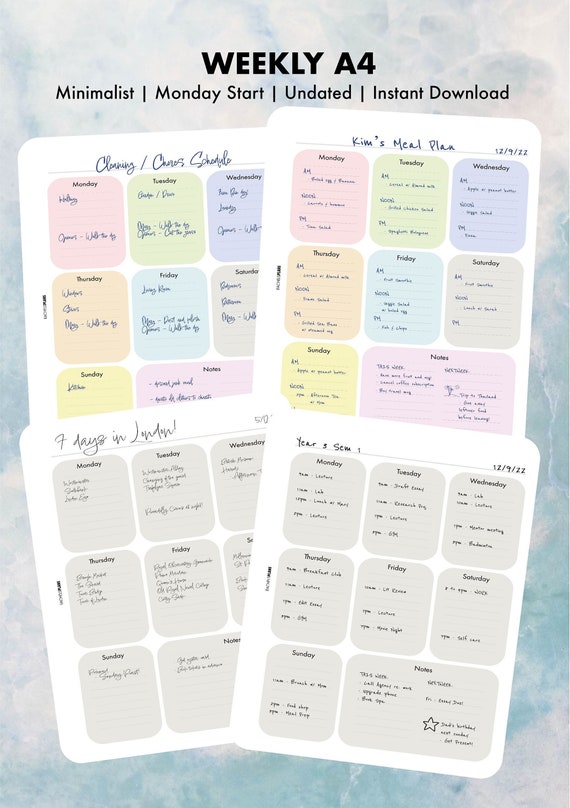 Week View Planner A4 Printable PDF Inserts Monday Start - Etsy