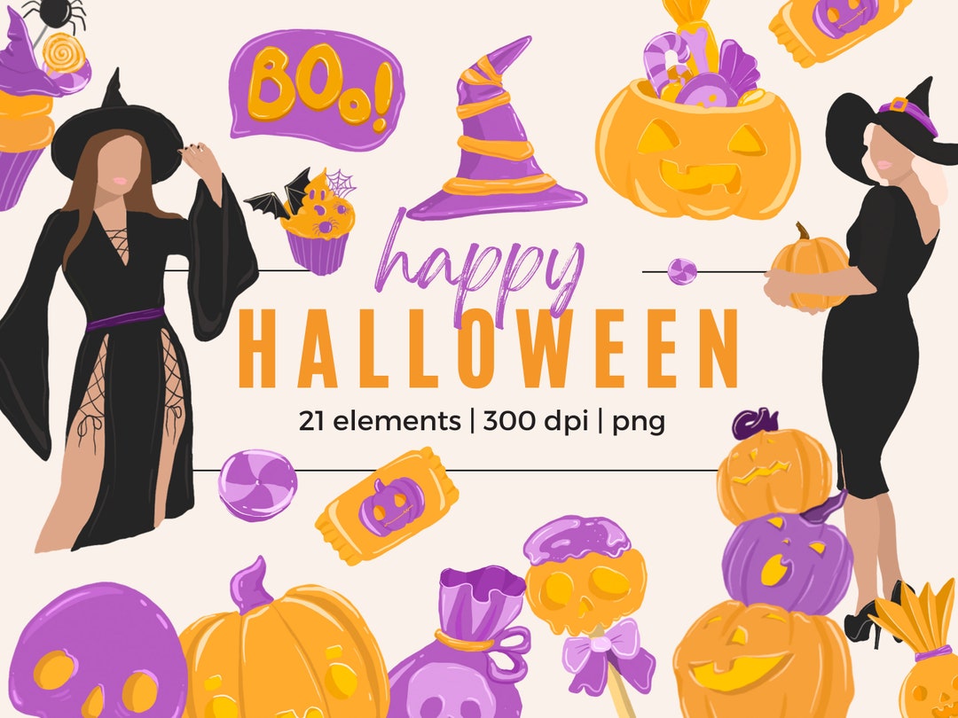 Halloween Clip Art Fall Autumn Clipart Cute Witch Pumpkin - Etsy