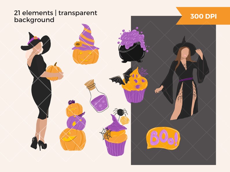 Halloween Clip Art Fall Autumn Clipart Cute Witch Pumpkin - Etsy