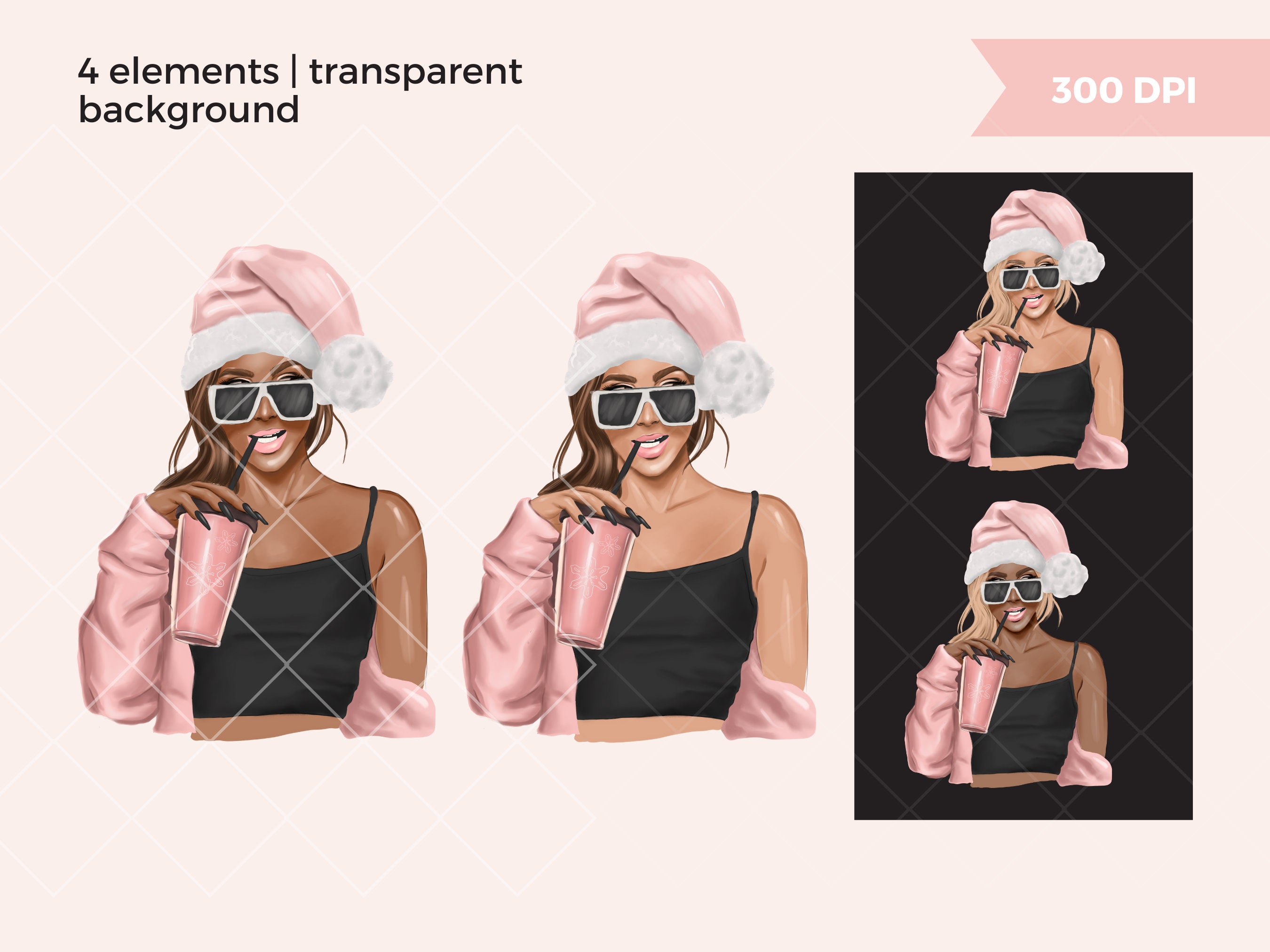 Christmas Clipart Fashion Illustration Woman in Santa Hat Christmas ...