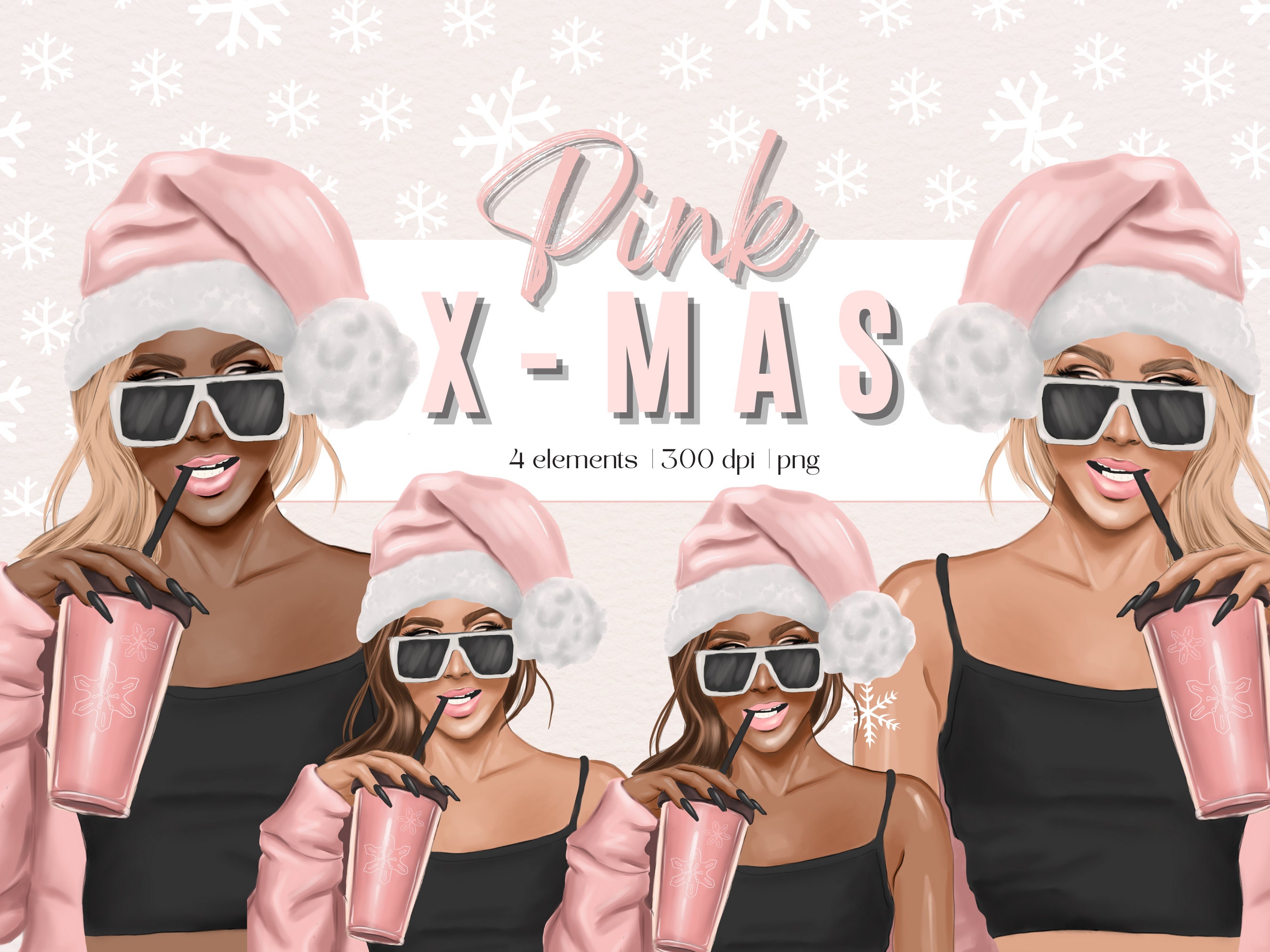 Christmas Clipart Fashion Illustration Woman in Santa Hat Christmas ...