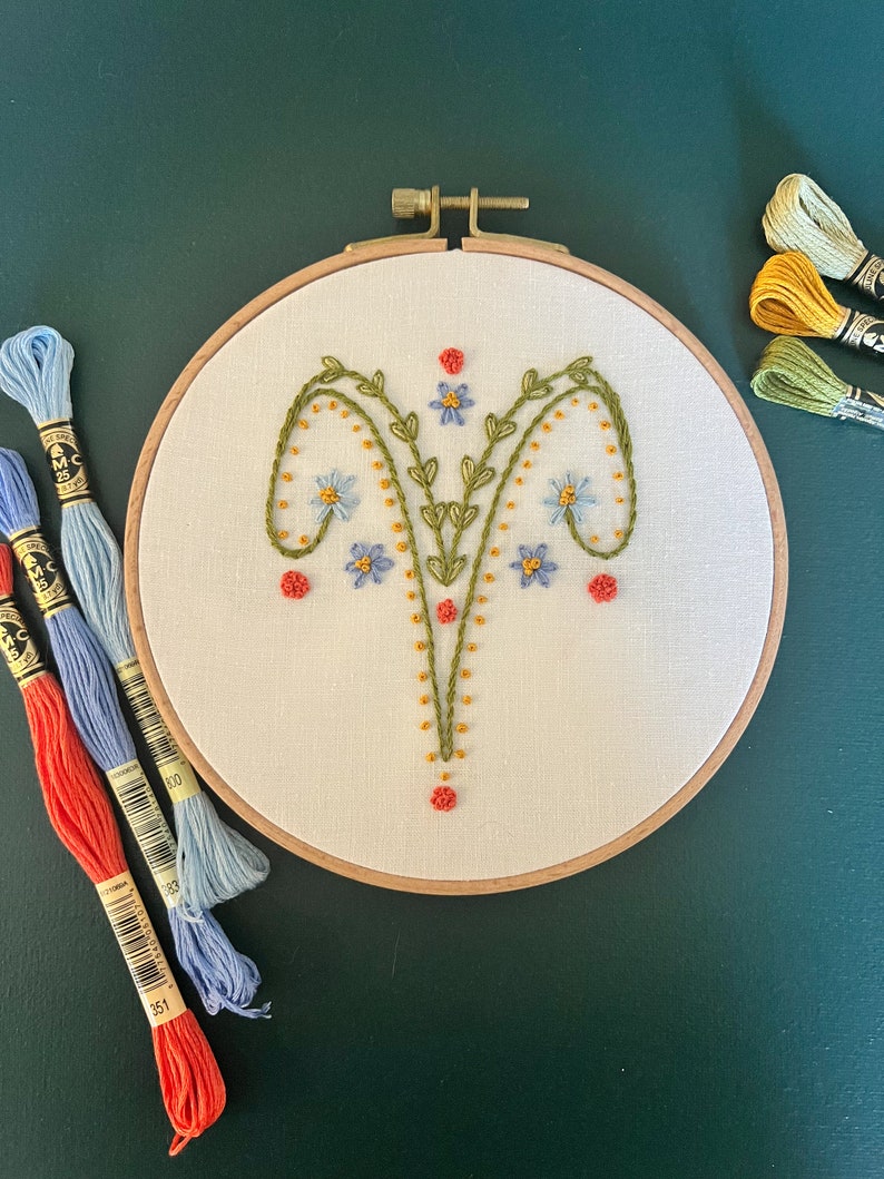 Floral Aries Symbol Hand Embroidery Pattern: Stitch & Color Guide (PDF ...