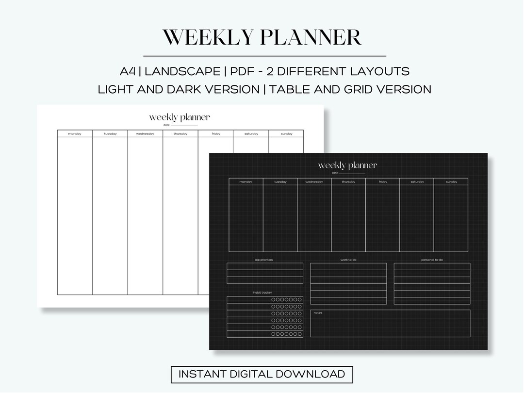 Basic/detailed Weekly Planner A4 Landscape PDF Instant Download Digital ...