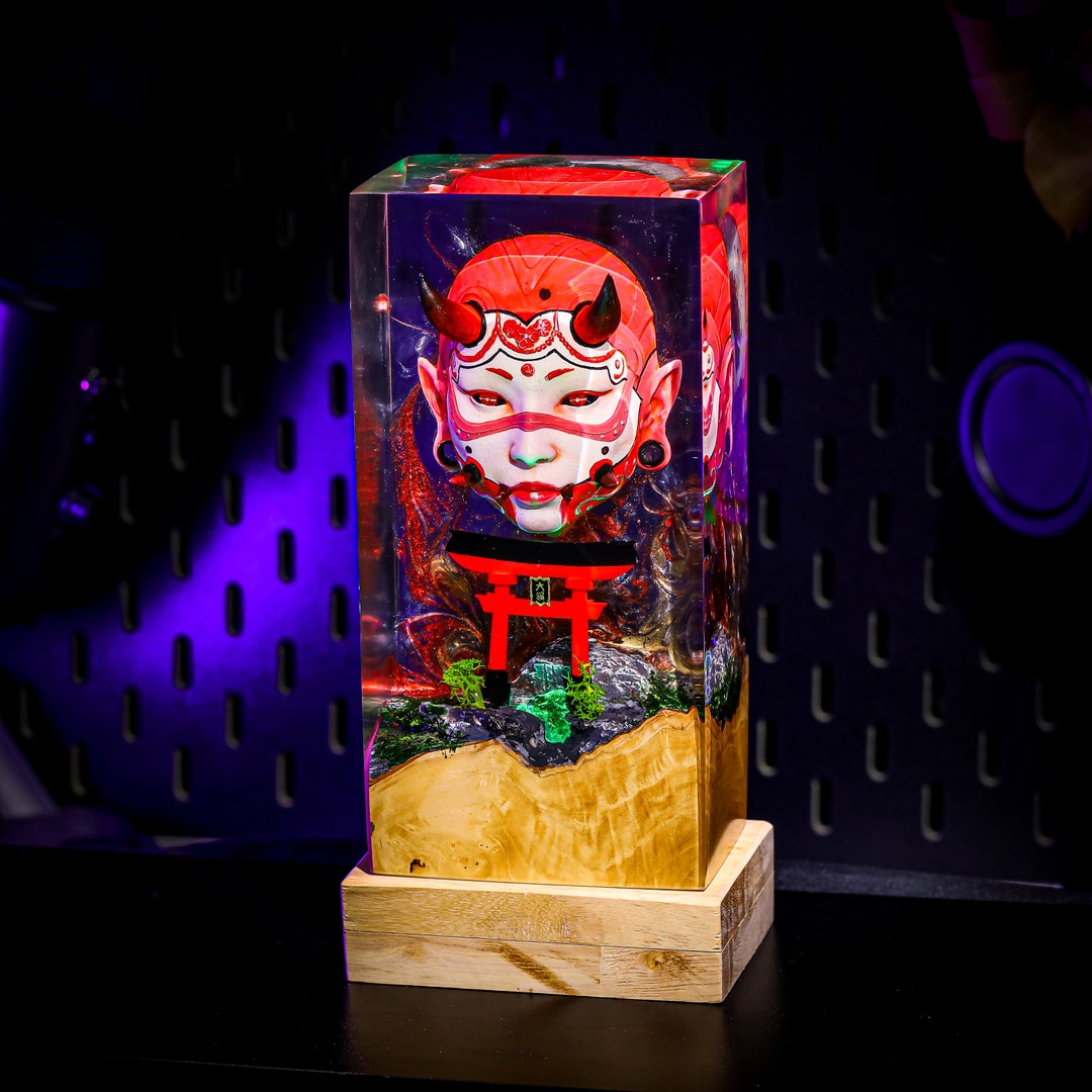 Honnari Hannya Mask Epoxy Lamp, 3D Oni Mask, Samurai Mask, Traditional ...