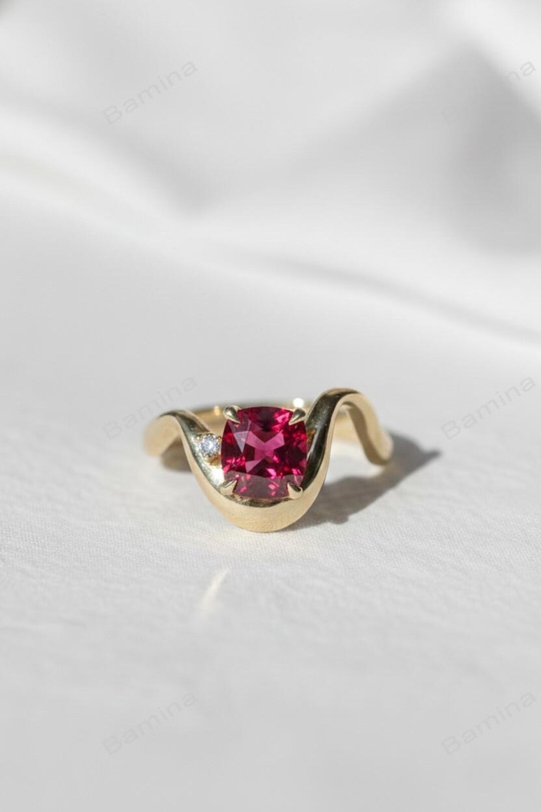 Unique Cushion Cut Ruby Wave Engagement Ring, 14k Solid Gold Lab Grown ...