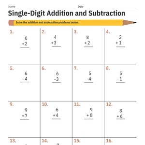 Single-digit Addition and Subtraction Math School Assignment Worksheet ...