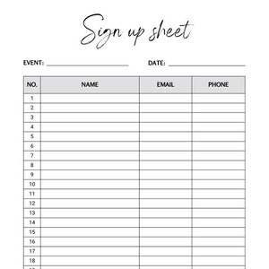 Sign up Sheet Printable Instant Digital Download PDF - Etsy