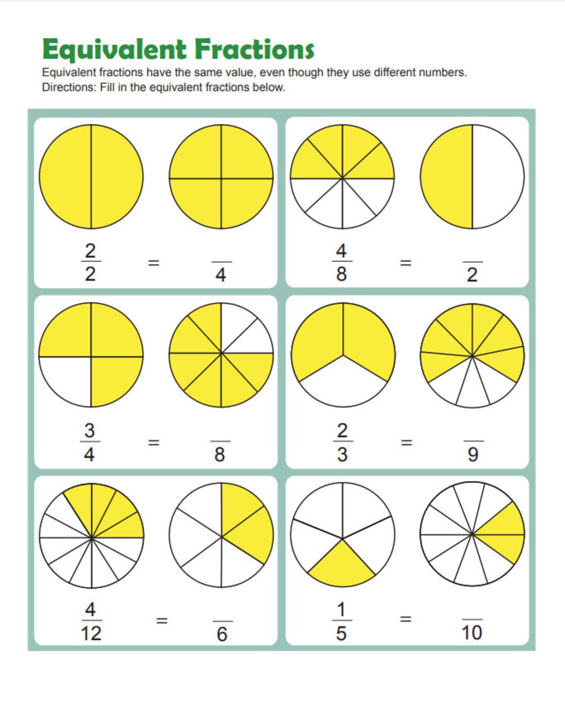 Equivalent Fractions Worksheet School Assignments Printable Instant ...