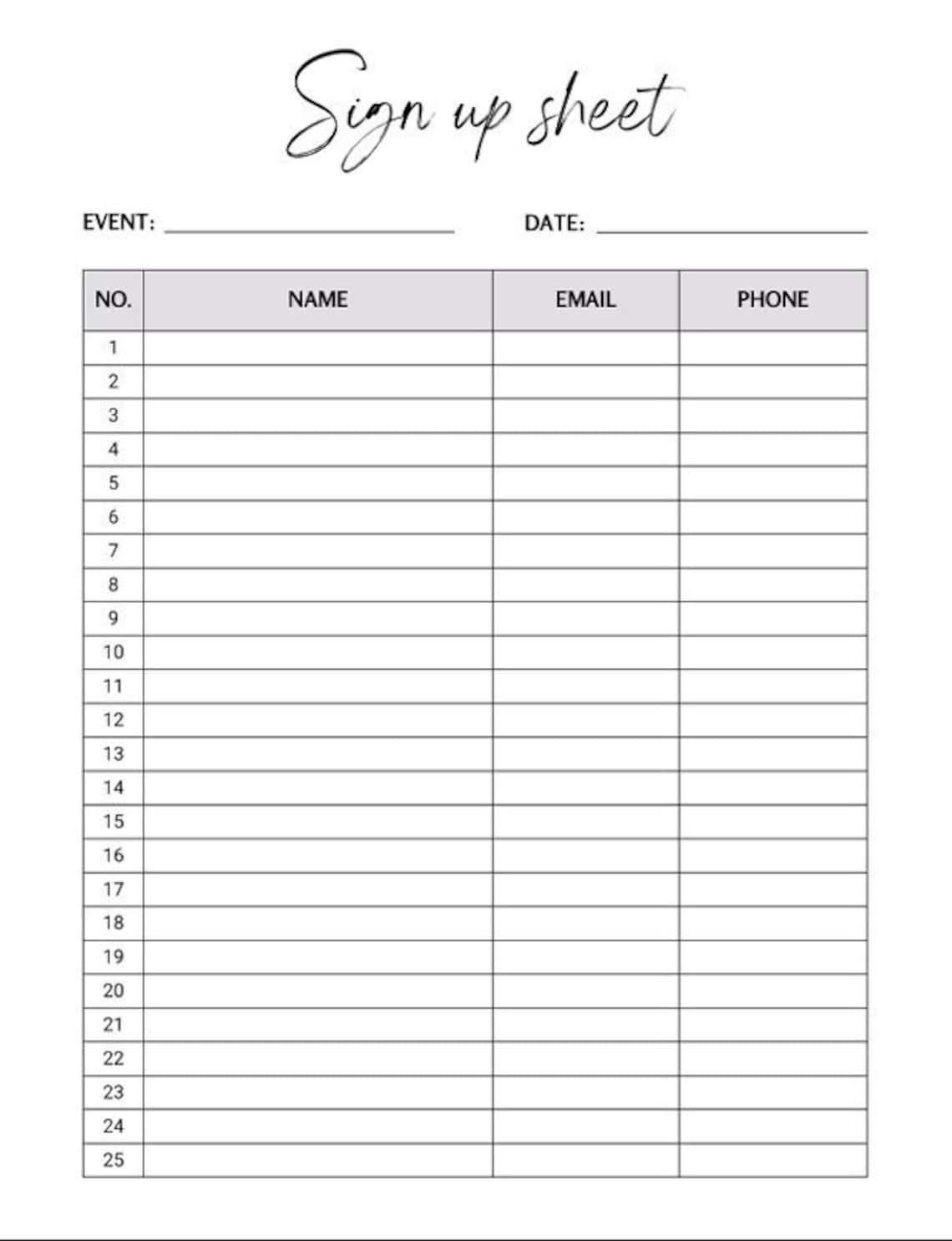 Sign up Sheet Printable Instant Digital Download PDF - Etsy