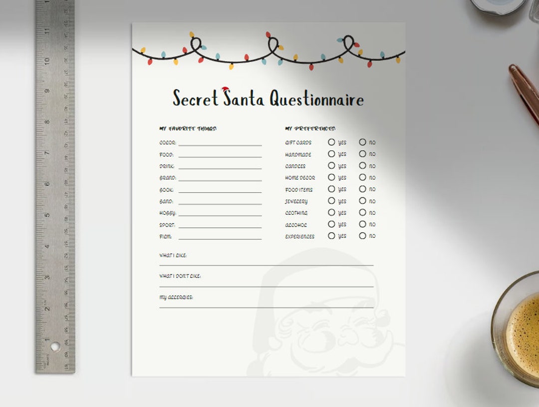 Secret Santa Questionnaire Easy to Print Printable Design Downloadable ...