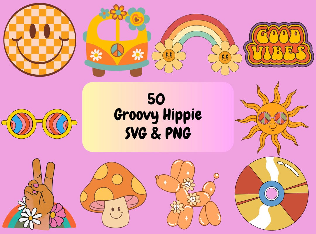 50 Groovy Hippie PNG & SVG Bundle Graphic Digital Download Image ...