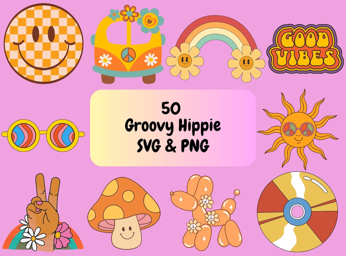 50 Groovy Hippie PNG & SVG Bundle Graphic Digital Download Image ...