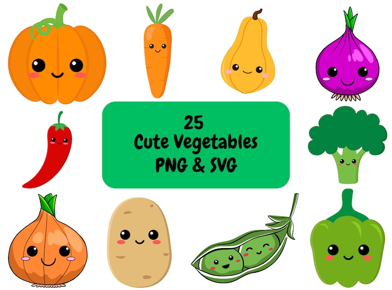 25 Cute Vegetable Kawaii PNG & SVG Bundle Graphic Digital Download ...