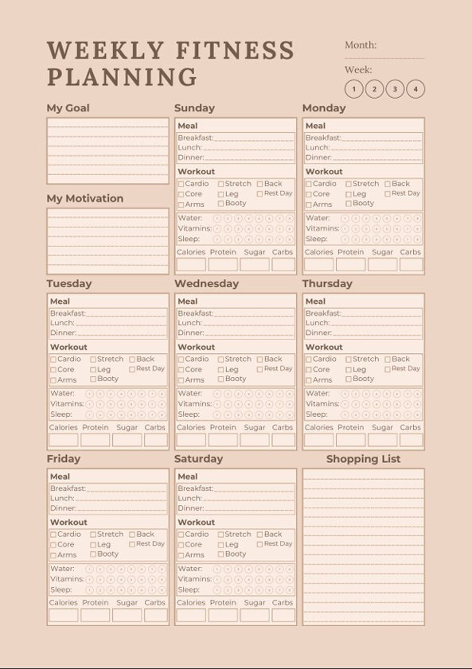 Weekly Fitness Planning Workout Gym Fitness Planner Agenda Organizer ...
