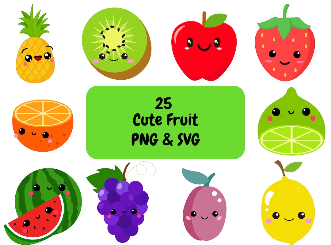 25 Cute Fruit Kawaii PNG & SVG Bundle Graphic Digital Download Image ...