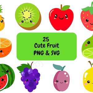 25 Cute Fruit Kawaii PNG & SVG Bundle Graphic Digital Download Image ...