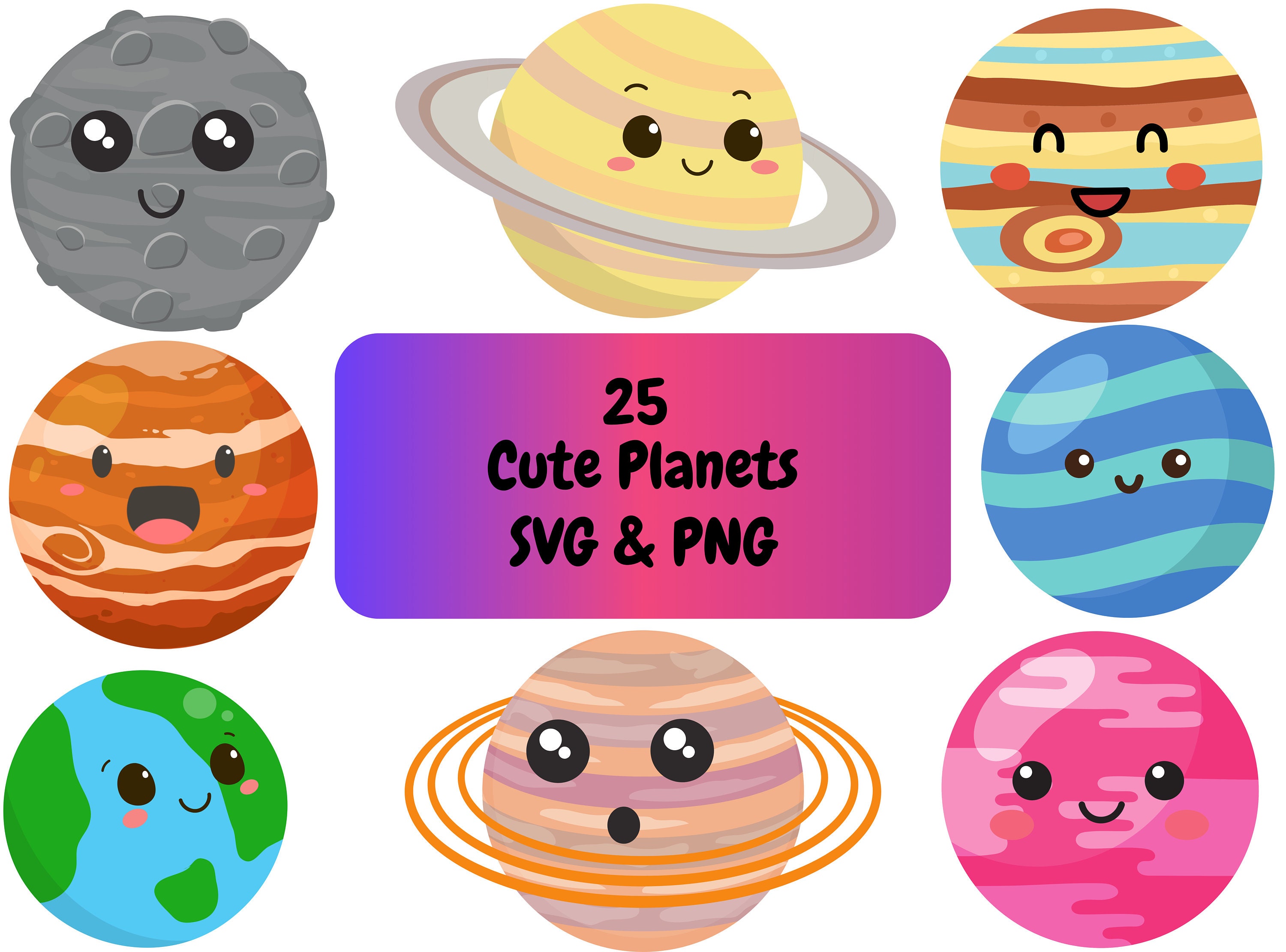 25 Cute Planets Kawaii PNG & SVG Bundle Graphic Digital Download Image ...