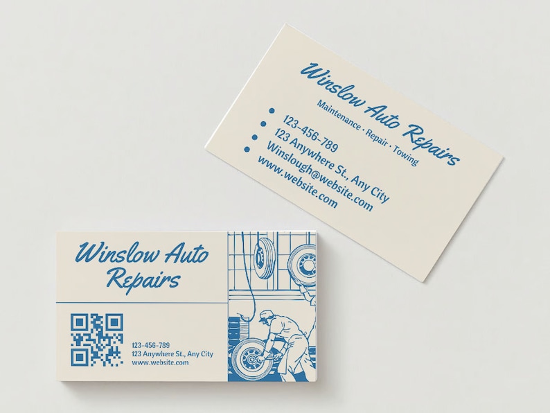 Auto Repair Shop Business Card Template, QR Code, Editable, Double ...