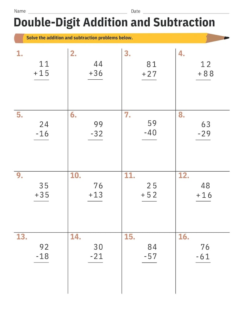 Double-digit Addition and Subtraction Math School Assignment Worksheet ...