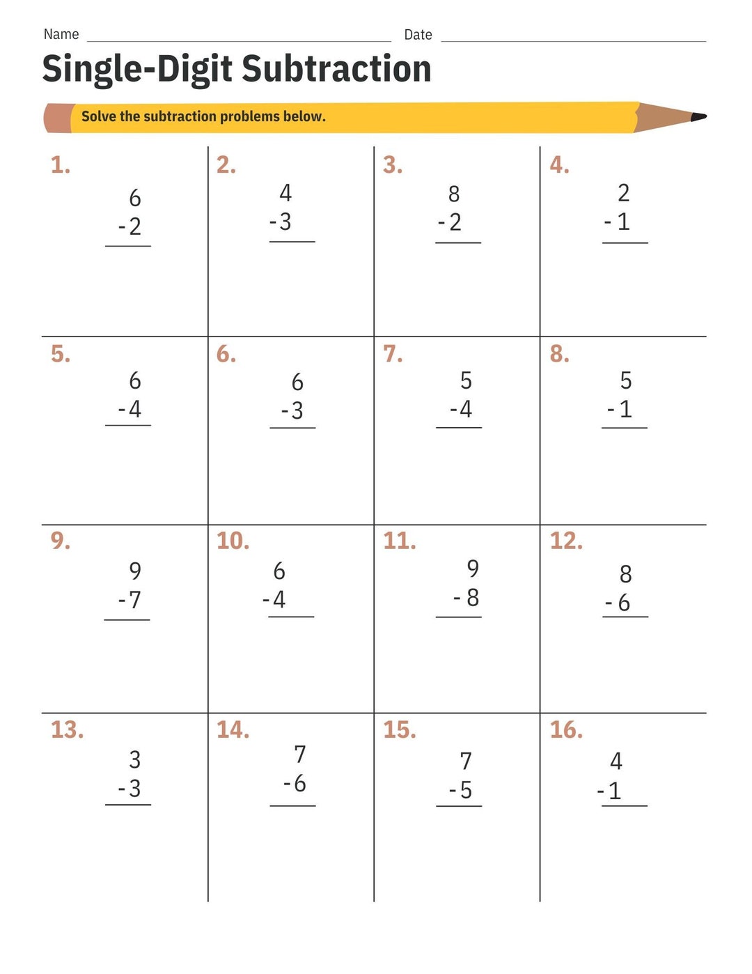 Single-digit Subtraction Math School Assignment Worksheet Printable ...