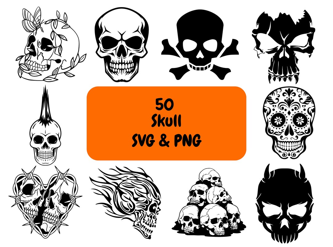 50 Skull Silhouette PNG & SVG Bundle Graphic Digital Download Image ...