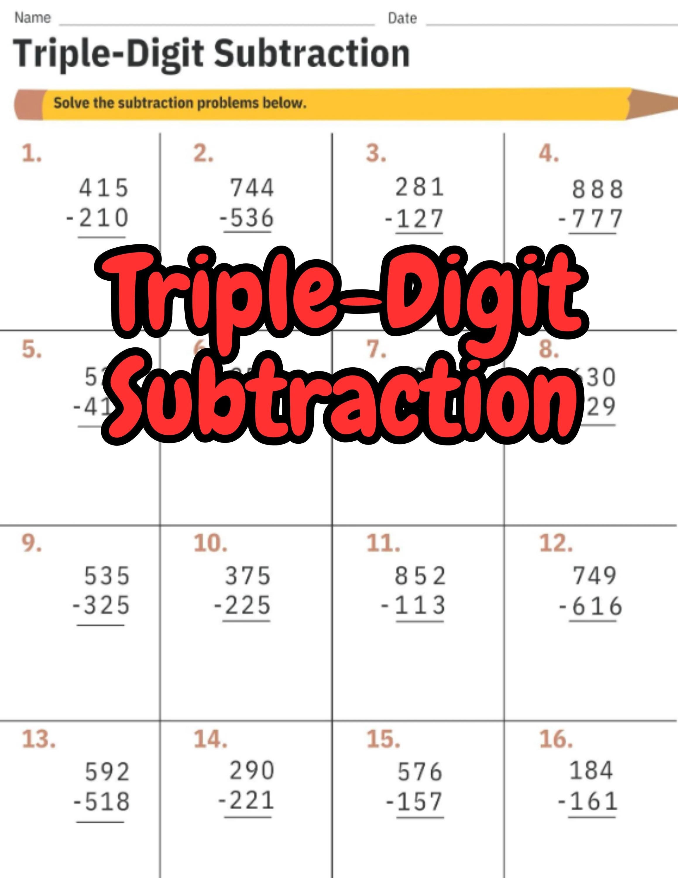 Triple-digit Subtraction Math School Assignment Worksheet Printable ...