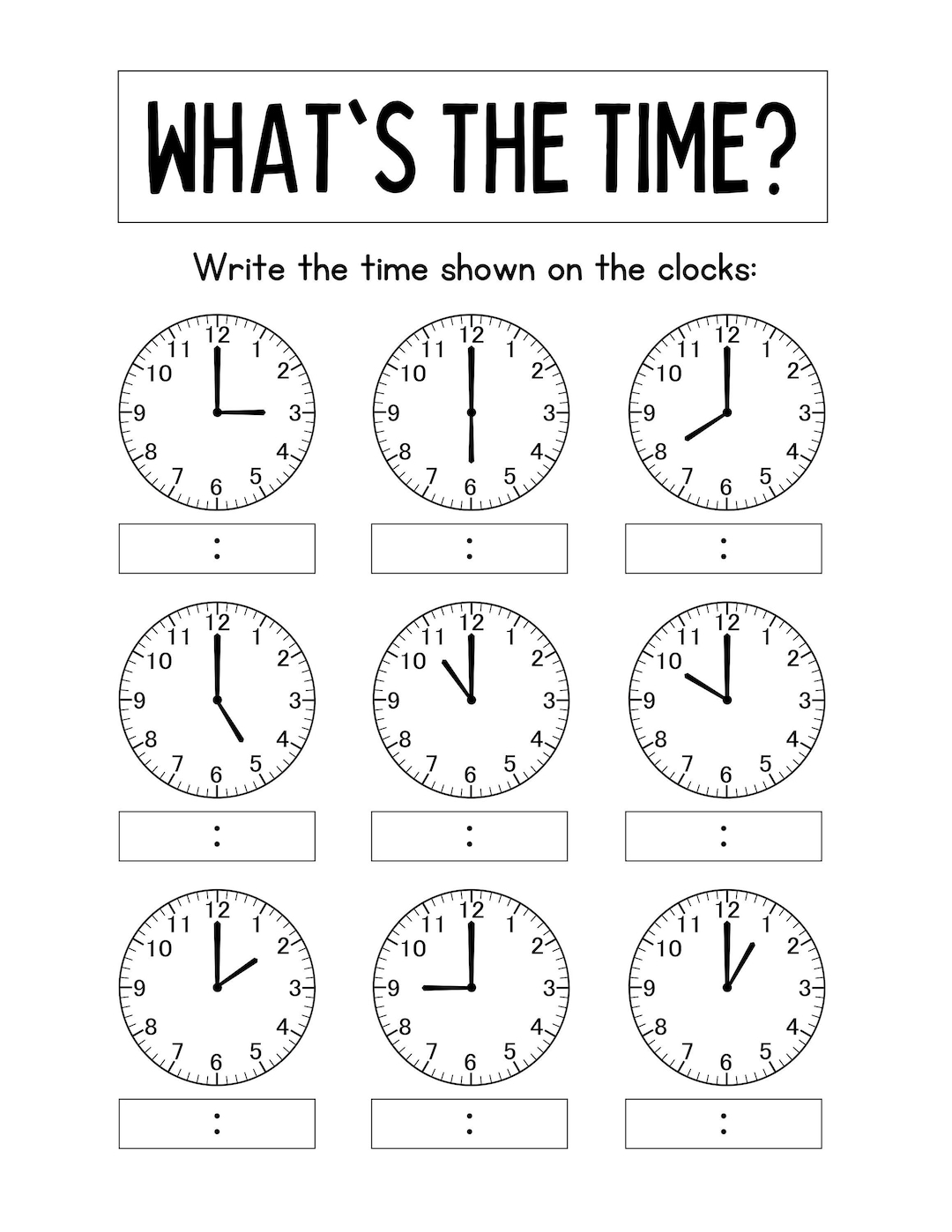 What's the Time Clock School Assignment Printable Instant Digital ...