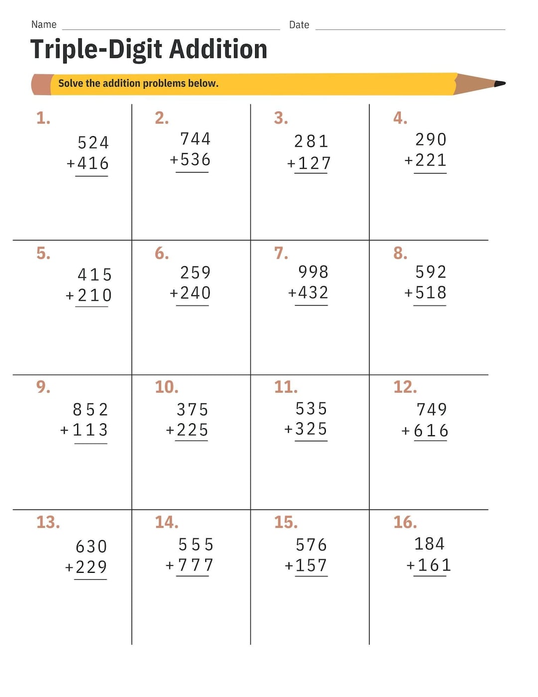 Triple-digit Addition Math School Assignment Worksheet Printable ...