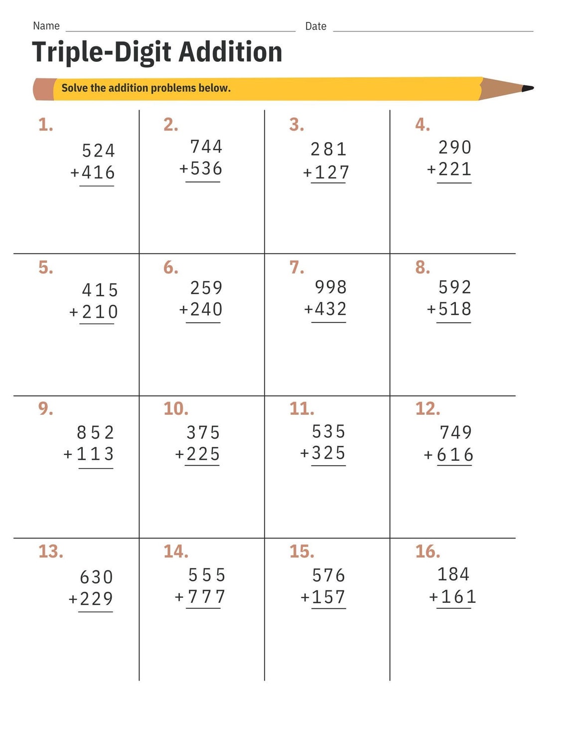 Triple-digit Addition Math School Assignment Worksheet Printable ...