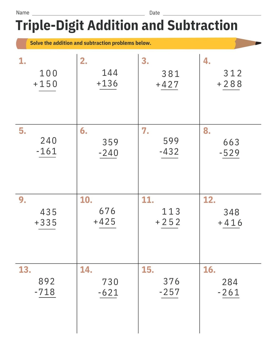Triple-digit Addition and Subtraction Math School Assignment Worksheet ...
