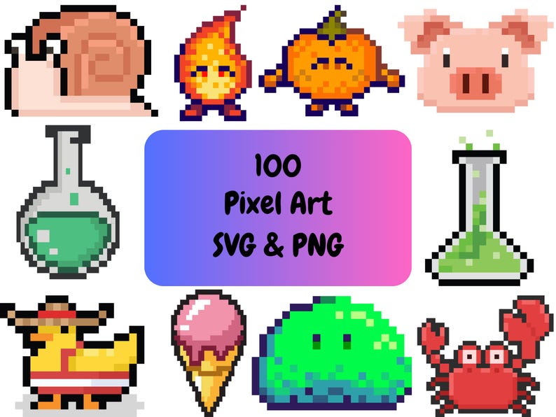 100 Pixel Art PNG & SVG Bundle Graphic Digital Download Image ...