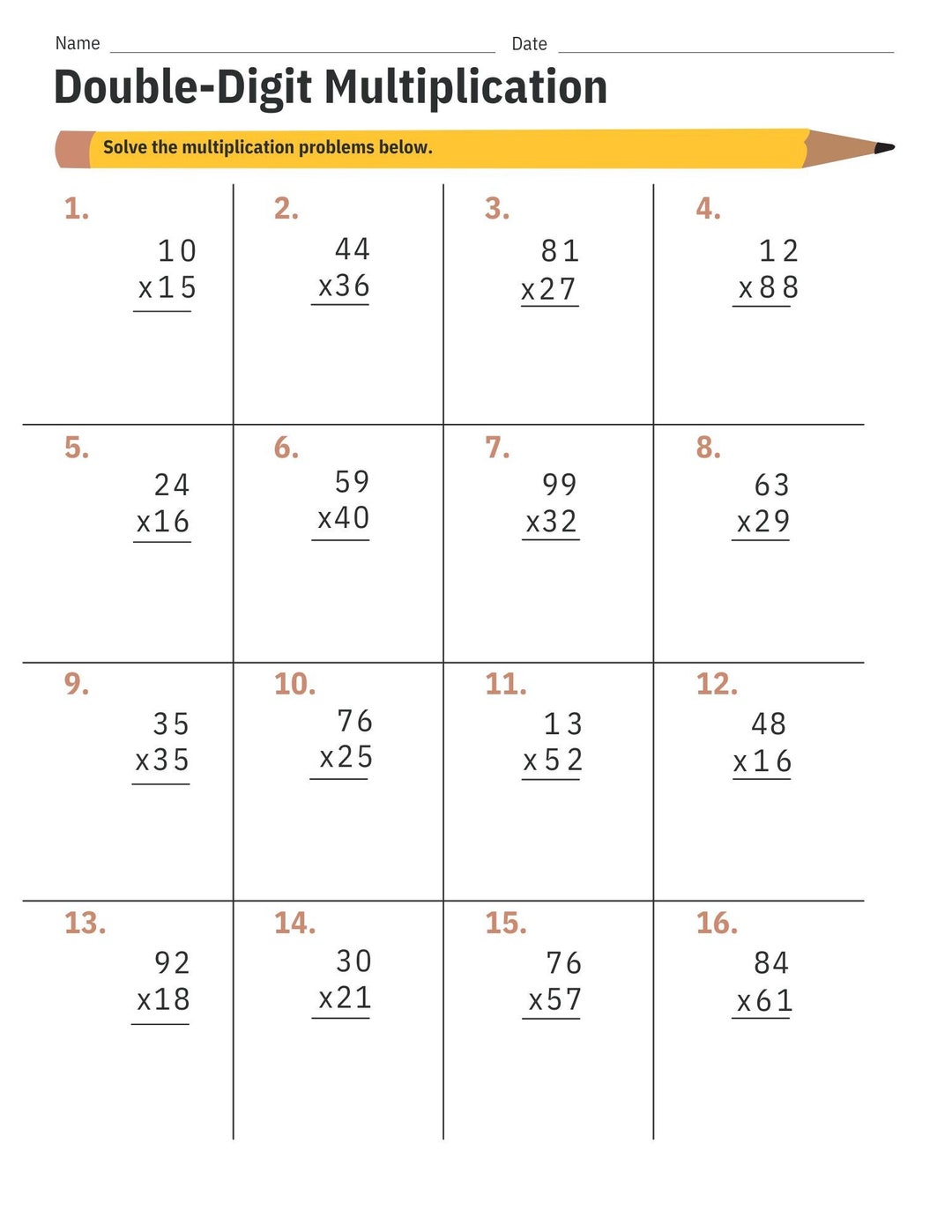 Double-digit Multiplication Math School Assignment Worksheet Printable ...