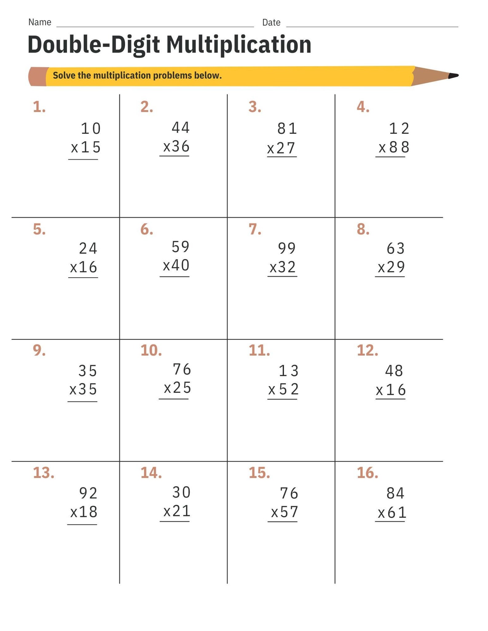 Double-digit Multiplication Math School Assignment Worksheet Printable ...