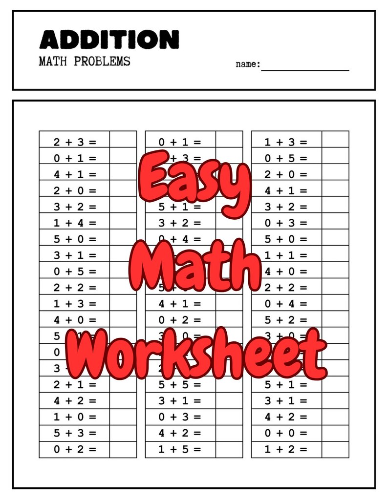 Easy Addition Math School Assignment Printable Instant Digital Download ...