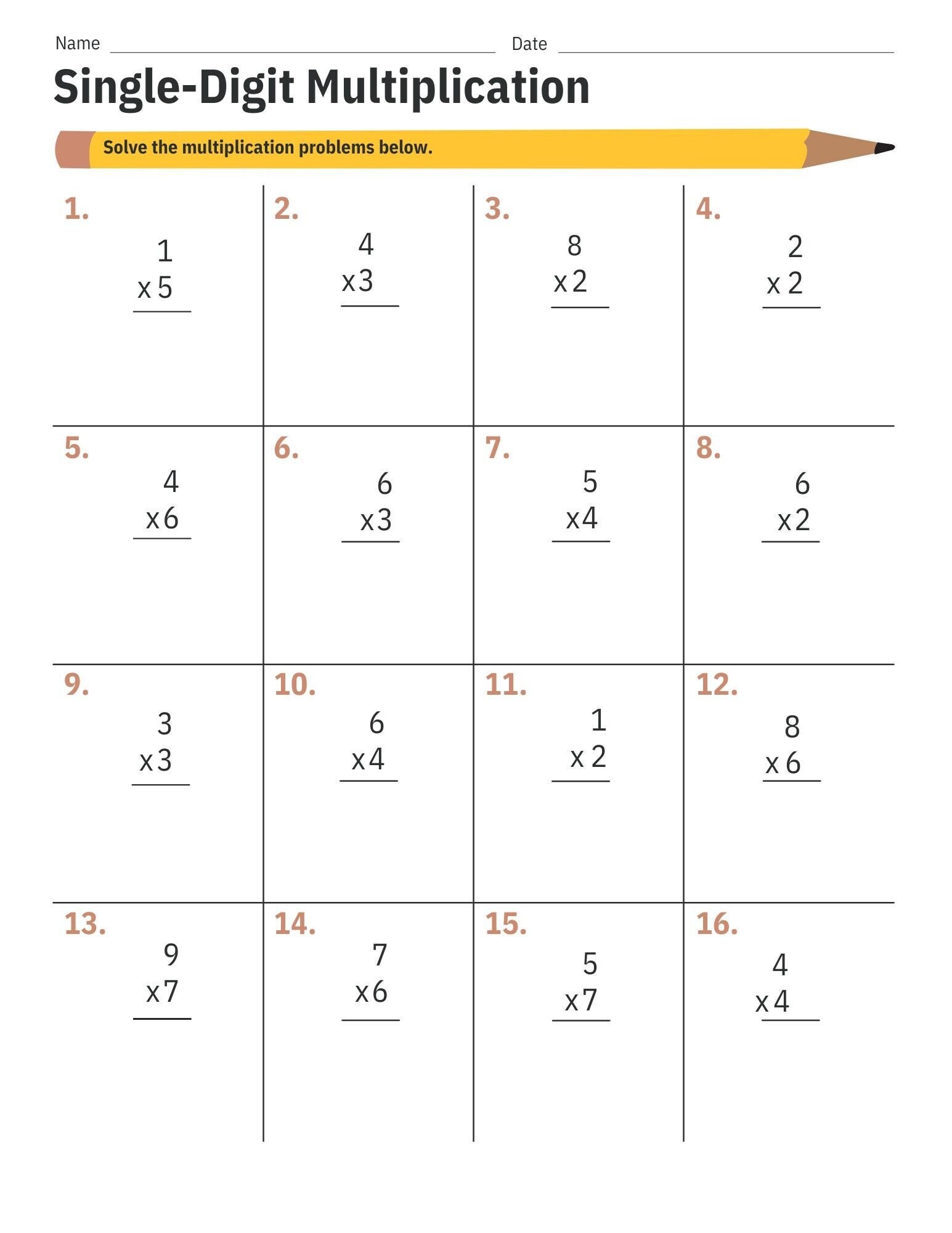 Single-digit Multiplication Math School Assignment Worksheet Printable ...