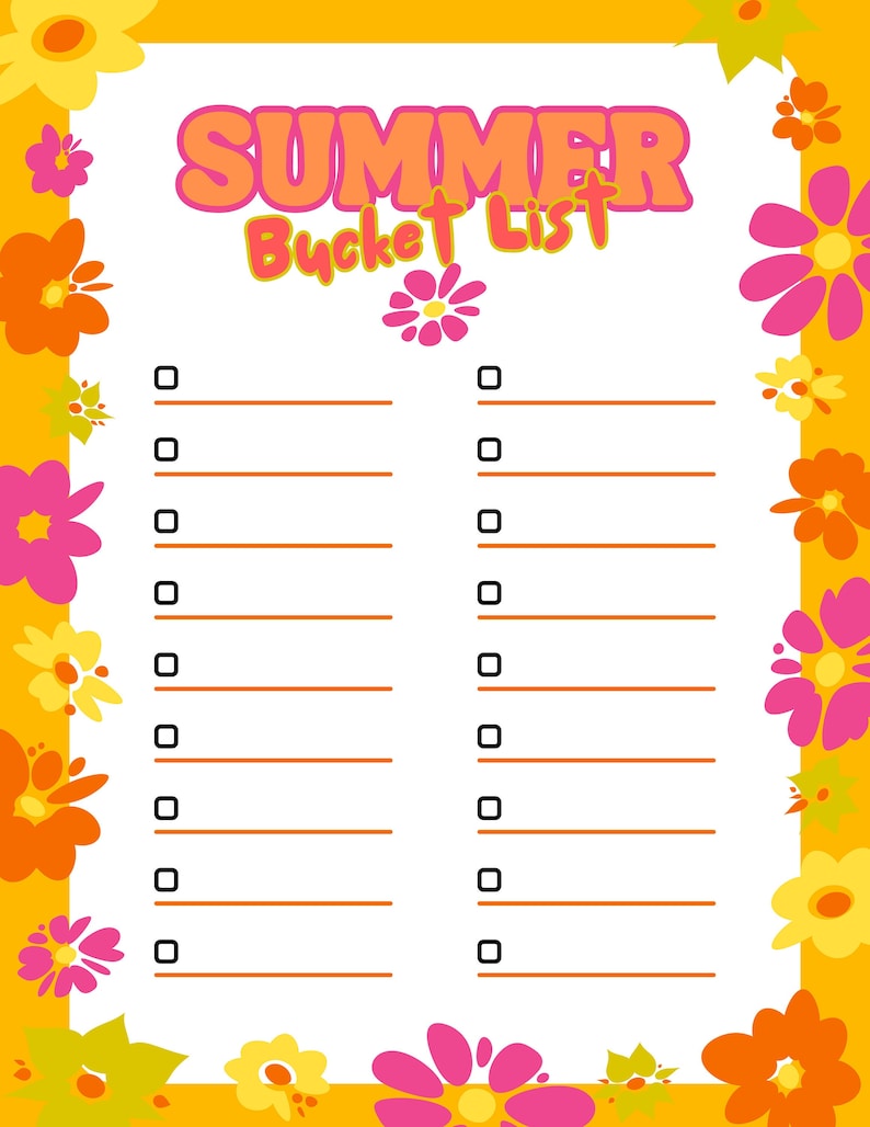 Summer Bucket List Checklist Printable Instant Digital Download PDF - Etsy