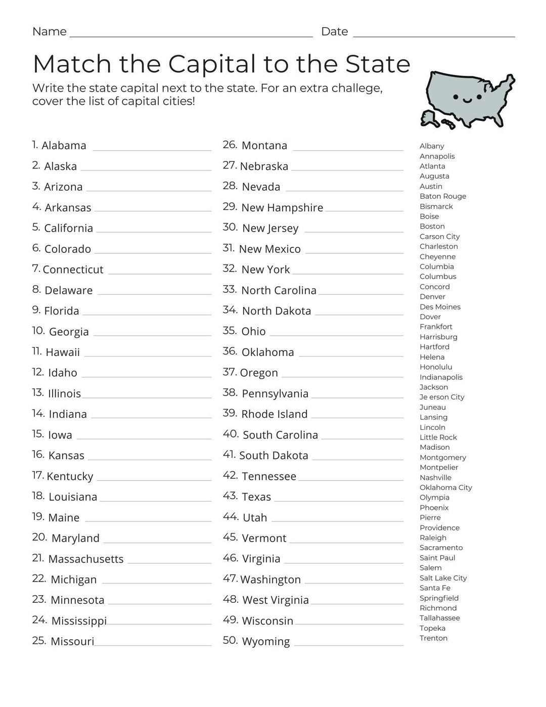 Match Capital to State Map Worksheet School Assignment Printable ...
