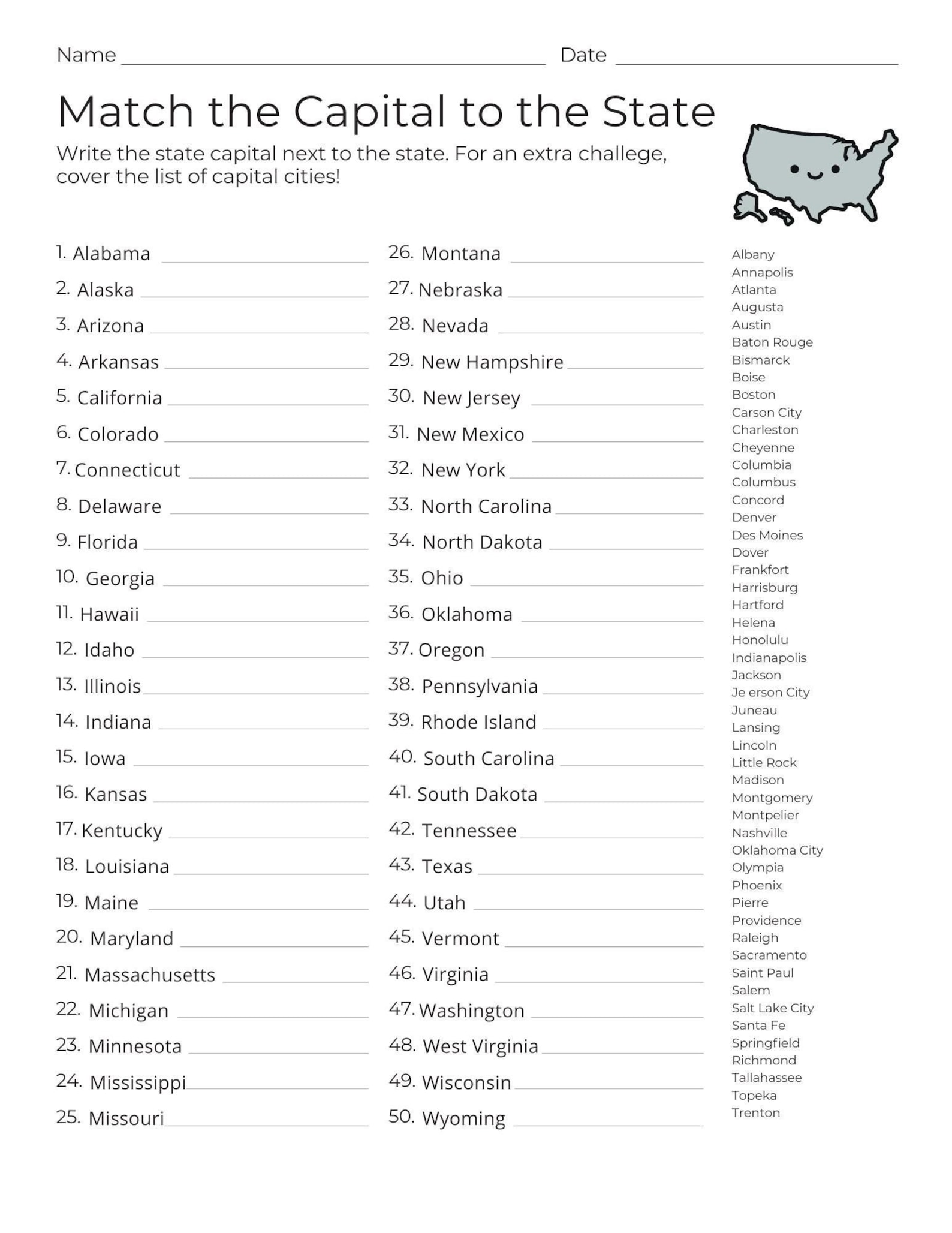 Match Capital to State Map Worksheet School Assignment Printable ...
